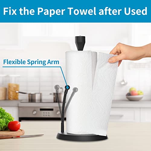 Multi-Function Black Paper Towel Holder Countertop with Phone Holder, Easy One Hand Tear Paper Towel Holder Stand with Weighted Base Spring Arm for Most Sizes Paper Roll for Kitchen Paper Towel Rack