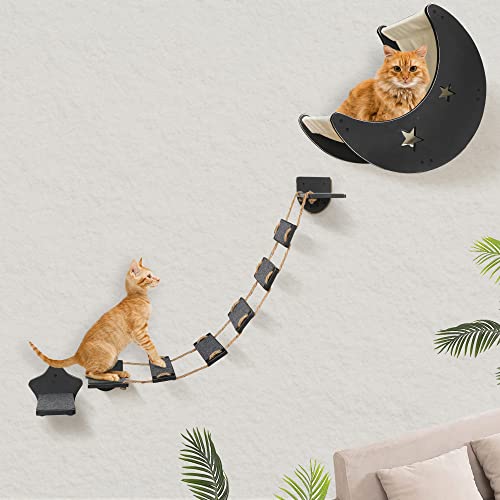 Cat Wall Shelves, Cat Hammock Cat Wall Furniture with 1 Step and 1 Climbing Bridge Step, Cat Climbing Shelf and Perches for Wall, Cat Wall Shelf Modern Beds and Perches for Activity Indoor…