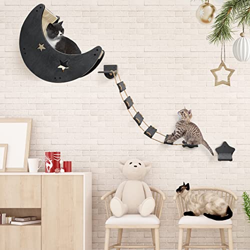 Cat Wall Shelves, Cat Hammock Cat Wall Furniture with 1 Step and 1 Climbing Bridge Step, Cat Climbing Shelf and Perches for Wall, Cat Wall Shelf Modern Beds and Perches for Activity Indoor…