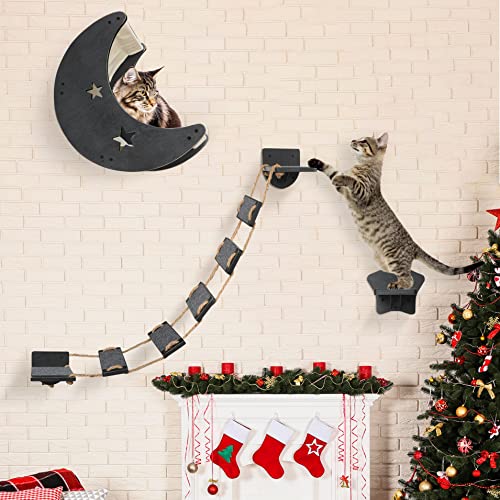 Cat Wall Shelves, Cat Hammock Cat Wall Furniture with 1 Step and 1 Climbing Bridge Step, Cat Climbing Shelf and Perches for Wall, Cat Wall Shelf Modern Beds and Perches for Activity Indoor…