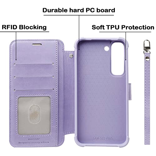 VANAVAGY Wallet Case for Galaxy S23+ Plus 5G for Women and Men,RFID Flip Leather Cover with Wrist Supports Wireless Charging with Card Holder and Screen Protector,Clove Purple