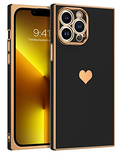 BENTOBEN Square iPhone 13 Pro Max Case, Cute Heart Luxury Plated Full Camera Lens Protection, Reinforced Corner TPU Cushion Shockproof Edge Bumper Women Men Phone Cover for 13 Pro Max 6.7", Black/Gold