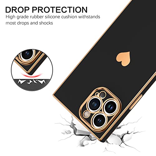 BENTOBEN Square iPhone 13 Pro Max Case, Cute Heart Luxury Plated Full Camera Lens Protection, Reinforced Corner TPU Cushion Shockproof Edge Bumper Women Men Phone Cover for 13 Pro Max 6.7", Black/Gold