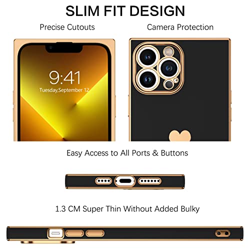 BENTOBEN Square iPhone 13 Pro Max Case, Cute Heart Luxury Plated Full Camera Lens Protection, Reinforced Corner TPU Cushion Shockproof Edge Bumper Women Men Phone Cover for 13 Pro Max 6.7", Black/Gold