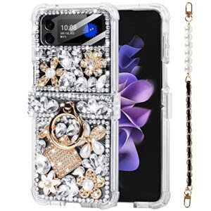 leiju case for samsung galaxy z flip 4 with strap case, 3d handmade sparkle stunning stones crystal diamond bling glitter phone case for samsung galaxy z flip 4 5g