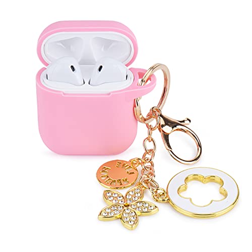 Pink Case Cover with Keychain for AirPods,Soft Silicone Protective Earphone Case Cover Compatible with Apple AirPods 1&2, AirPods 1st/2rd Generation Case with Cute Bling Keychain (Pink)