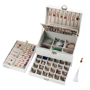 boovo earring jewelry box for women girl stud organizer, 5 layers girl jewelry organizer box with lock earring holder organizer necklace ring jewelry organizer box for girls (white)