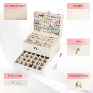 BOOVO Earring Jewelry Box For Women Girl Stud Organizer, 5 Layers Girl Jewelry Organizer Box With Lock Earring Holder Organizer Necklace Ring Jewelry Organizer Box For Girls (white)