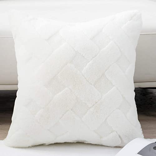 Cozy Bliss Faux Fur Pillow Covers with Insert Luxury Super Soft Plush Fleece Throw Pillow, Textured Knitted Cushion Decorative Pillow for Sofa Couch Bed Chair Car (Cream, 16"x16")