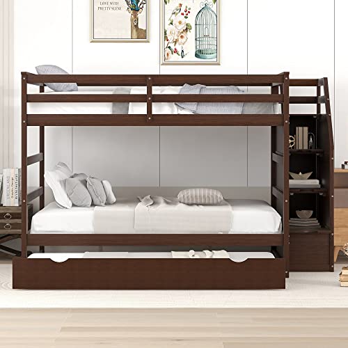 ODC Full Over Full Bunk Bed with Trundle,Solid Wood Stairway Bunk Bed with Twin Size Trundle and 3 Storage Stairs, Full Length Guardrail for Guests Room,Bedroom