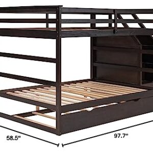 ODC Full Over Full Bunk Bed with Trundle,Solid Wood Stairway Bunk Bed with Twin Size Trundle and 3 Storage Stairs, Full Length Guardrail for Guests Room,Bedroom