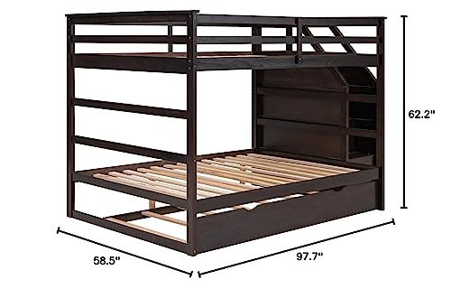 ODC Full Over Full Bunk Bed with Trundle,Solid Wood Stairway Bunk Bed with Twin Size Trundle and 3 Storage Stairs, Full Length Guardrail for Guests Room,Bedroom