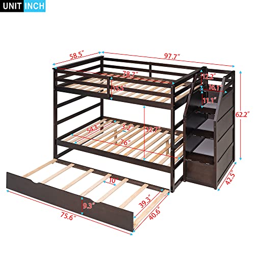 ODC Full Over Full Bunk Bed with Trundle,Solid Wood Stairway Bunk Bed with Twin Size Trundle and 3 Storage Stairs, Full Length Guardrail for Guests Room,Bedroom