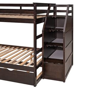 ODC Full Over Full Bunk Bed with Trundle,Solid Wood Stairway Bunk Bed with Twin Size Trundle and 3 Storage Stairs, Full Length Guardrail for Guests Room,Bedroom