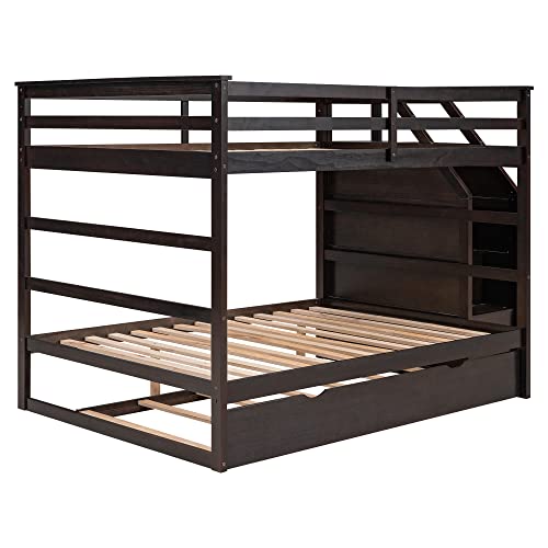 ODC Full Over Full Bunk Bed with Trundle,Solid Wood Stairway Bunk Bed with Twin Size Trundle and 3 Storage Stairs, Full Length Guardrail for Guests Room,Bedroom