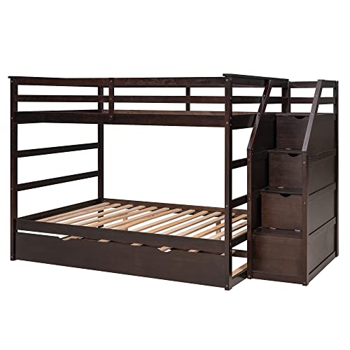 ODC Full Over Full Bunk Bed with Trundle,Solid Wood Stairway Bunk Bed with Twin Size Trundle and 3 Storage Stairs, Full Length Guardrail for Guests Room,Bedroom