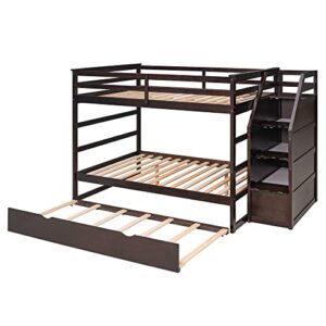 ODC Full Over Full Bunk Bed with Trundle,Solid Wood Stairway Bunk Bed with Twin Size Trundle and 3 Storage Stairs, Full Length Guardrail for Guests Room,Bedroom