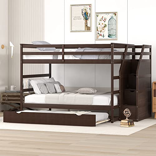 ODC Full Over Full Bunk Bed with Trundle,Solid Wood Stairway Bunk Bed with Twin Size Trundle and 3 Storage Stairs, Full Length Guardrail for Guests Room,Bedroom