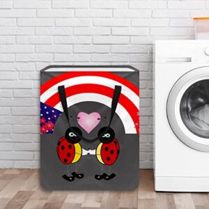 Ladybug and USA Flag Rainbow Print Collapsible Laundry Hamper, 60L Waterproof Laundry Baskets Washing Bin Clothes Toys Storage for Dorm Bathroom Bedroom