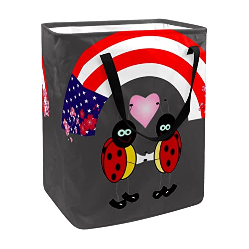 Ladybug and USA Flag Rainbow Print Collapsible Laundry Hamper, 60L Waterproof Laundry Baskets Washing Bin Clothes Toys Storage for Dorm Bathroom Bedroom