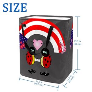 Ladybug and USA Flag Rainbow Print Collapsible Laundry Hamper, 60L Waterproof Laundry Baskets Washing Bin Clothes Toys Storage for Dorm Bathroom Bedroom