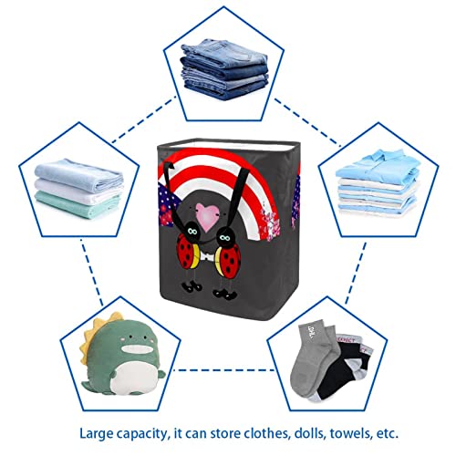 Ladybug and USA Flag Rainbow Print Collapsible Laundry Hamper, 60L Waterproof Laundry Baskets Washing Bin Clothes Toys Storage for Dorm Bathroom Bedroom