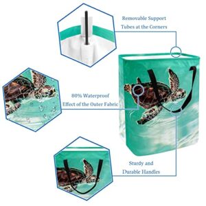 Turtle on Water Print Collapsible Laundry Hamper, 60L Waterproof Laundry Baskets Washing Bin Clothes Toys Storage for Dorm Bathroom Bedroom