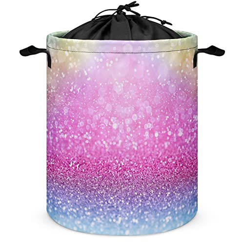 Rainbow Glitter Mermaid Laundry Hamper Collapsible Laundry Basket with Drawstring Waterproof Unicorn Pony Toys Storage Basket with Handle, 14x17.3 Inches