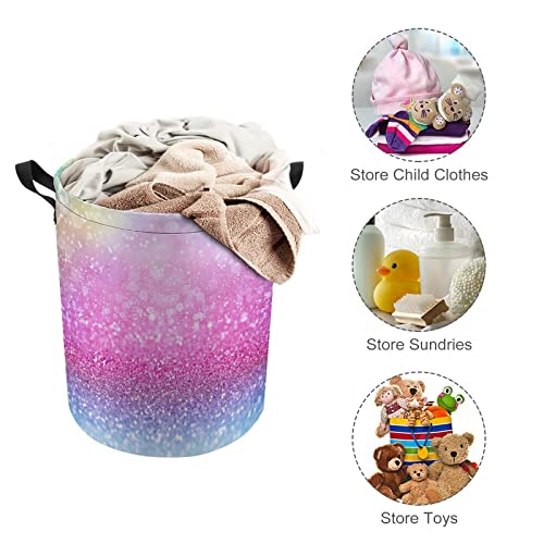 Rainbow Glitter Mermaid Laundry Hamper Collapsible Laundry Basket with Drawstring Waterproof Unicorn Pony Toys Storage Basket with Handle, 14x17.3 Inches