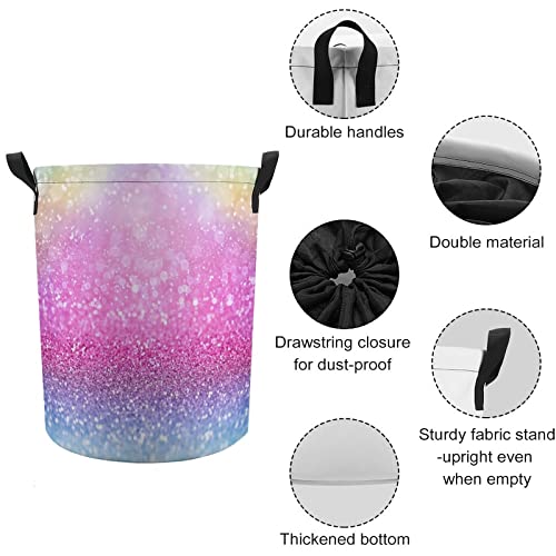 Rainbow Glitter Mermaid Laundry Hamper Collapsible Laundry Basket with Drawstring Waterproof Unicorn Pony Toys Storage Basket with Handle, 14x17.3 Inches