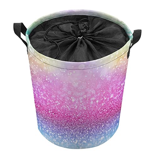 Rainbow Glitter Mermaid Laundry Hamper Collapsible Laundry Basket with Drawstring Waterproof Unicorn Pony Toys Storage Basket with Handle, 14x17.3 Inches