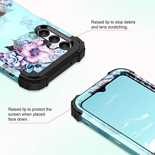 Casetego for Galaxy A14 5G Case,[2 Pack Tempered Screen Protector+2 Pack Camera Lens Protector],Floral Three Layer Heavy Duty Sturdy Shockproof Full Body Protective Case for Samsung A14,Blue Flower