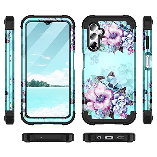 Casetego for Galaxy A14 5G Case,[2 Pack Tempered Screen Protector+2 Pack Camera Lens Protector],Floral Three Layer Heavy Duty Sturdy Shockproof Full Body Protective Case for Samsung A14,Blue Flower