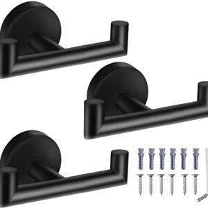 3 Pack Double Towel Hooks for Bathroom Matte Black Wall Mount Robe Hook Towel Holder for Kitchen Bathroom Hallway Toilet Pool for Hanging Towels, Robe, Coat, Clothes,Bags, Sponges