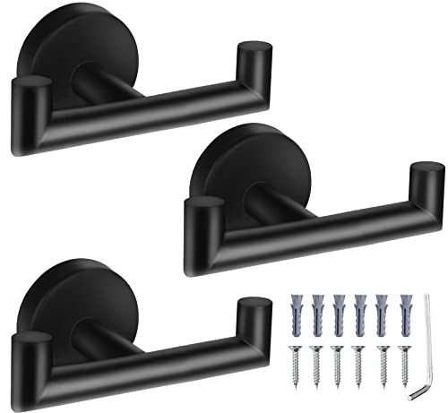 3 Pack Double Towel Hooks for Bathroom Matte Black Wall Mount Robe Hook Towel Holder for Kitchen Bathroom Hallway Toilet Pool for Hanging Towels, Robe, Coat, Clothes,Bags, Sponges