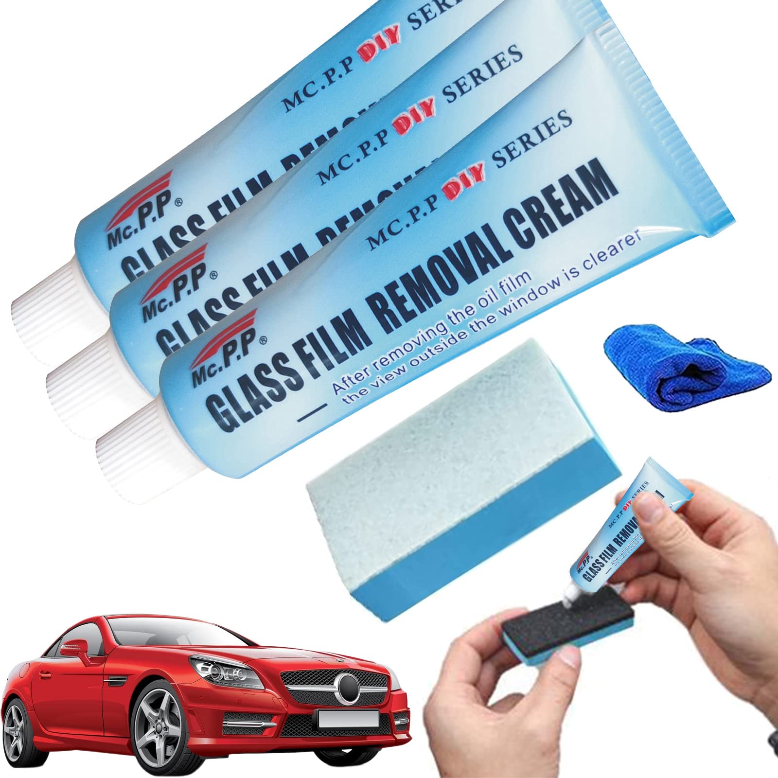 LONGLUAN Car Glass Oil Film Cleaner - Glass Film Removal Cream - Car Glass Oil Film Cleaner Safety and Long-term Protection - Glass Stripper Water Spot Remover with Sponge and Towel (3)