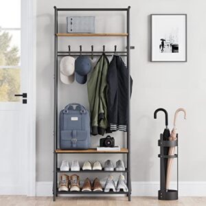 IDEALHOUSE Coat Rack Shoe Bench with 5 Hooks, Hall Trees Entryway Bench with Storage, Multifunctional Hallway Organizer, Wood Look Accent Furniture with Metal Frame for Entryway, Living Room, Bedroom