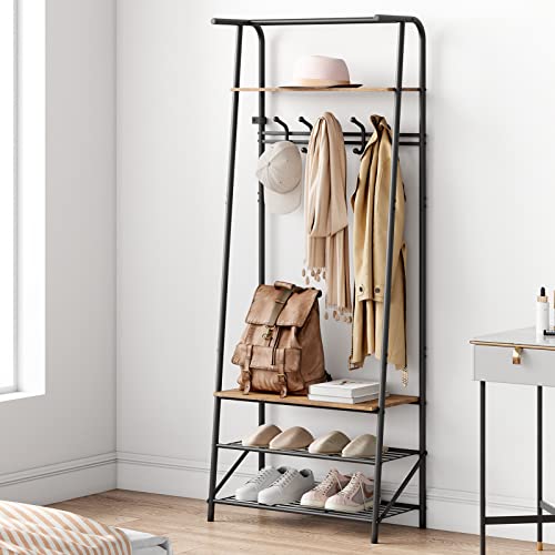 IDEALHOUSE Coat Rack Shoe Bench with 5 Hooks, Hall Trees Entryway Bench with Storage, Multifunctional Hallway Organizer, Wood Look Accent Furniture with Metal Frame for Entryway, Living Room, Bedroom