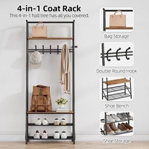 IDEALHOUSE Coat Rack Shoe Bench with 5 Hooks, Hall Trees Entryway Bench with Storage, Multifunctional Hallway Organizer, Wood Look Accent Furniture with Metal Frame for Entryway, Living Room, Bedroom