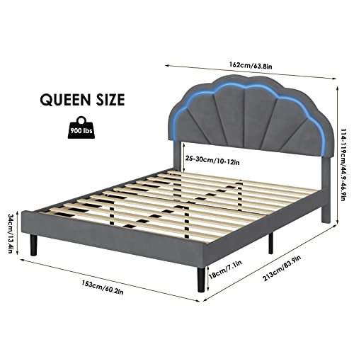 HIFIT Queen Upholstered Smart LED Bed Frame with Adjustable Elegant Flowers Headboard, Platform Bed Frame Queen Size with Wooden Slats Support, No Box Spring Needed, Easy Assembly, Grey