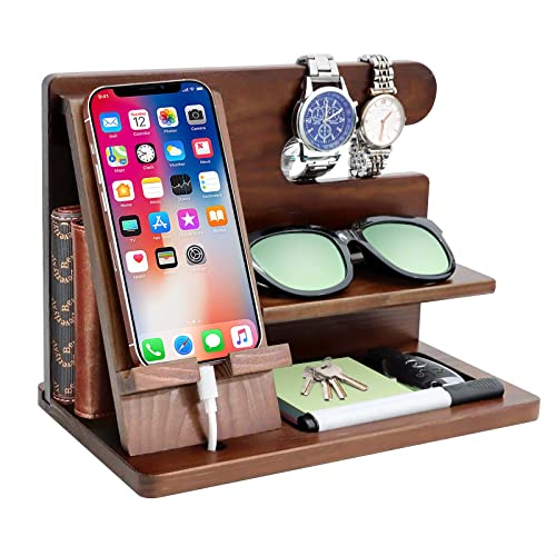 M-Birfimin Gifts for Men,Wood Phone Docking Station Nightstand Organizer Gifts for Boyfriend Husband Dad Brother Son,Gifts for Him,Watch Holder Wallet Station,Personalized Birthday Gift