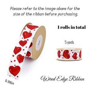 5 Yard 1 Inch Thick Ribbon for Crafts,Red Wired Ribbon Heart Valentine Day Mother's Day Ribbon for Gift Wrapping Crafts Bouquet