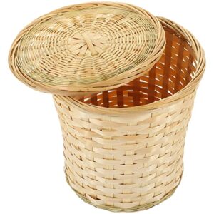 hemoton small woven basket with lid rattan trash can wastebasket wicker round trash bin woven storage basket decorative egg basket laundry hamper flower pots planter holder