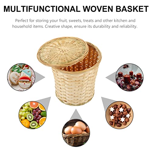 Hemoton Small Woven Basket with Lid Rattan Trash Can Wastebasket Wicker Round Trash Bin Woven Storage Basket Decorative Egg Basket Laundry Hamper Flower Pots Planter Holder