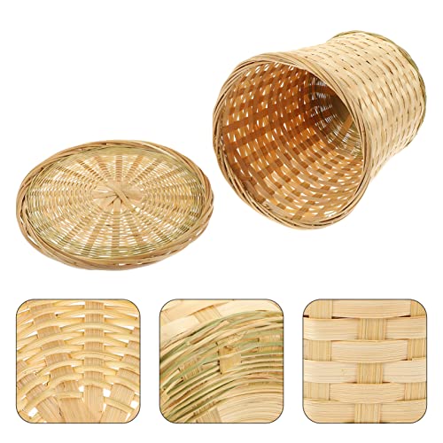 Hemoton Small Woven Basket with Lid Rattan Trash Can Wastebasket Wicker Round Trash Bin Woven Storage Basket Decorative Egg Basket Laundry Hamper Flower Pots Planter Holder