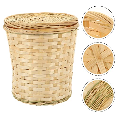 Hemoton Small Woven Basket with Lid Rattan Trash Can Wastebasket Wicker Round Trash Bin Woven Storage Basket Decorative Egg Basket Laundry Hamper Flower Pots Planter Holder