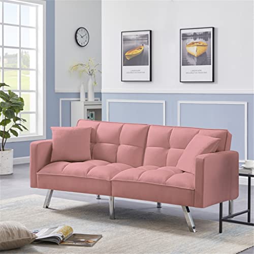 SLNFXC Futon Sofa Bed with 5 Golden Metal Legs, Sleeper Sofa Couch with Two Pillows, Loveseat Sofa for Living Room and Bedroom