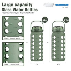 MUKOKO Half Gallon/64 oz Glass Water Bottles with Straw and Lid,Motivational Water Jug with Time Marker Reminder and Silicone Sleeve,100% Leakproof BPA Free Fitness Sports Large Bottle-Olive