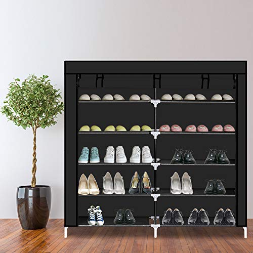 Vasitelan 7 Tier Shoe Rack Storage Organizer, Portable Double Row Shoe Rack Shelf Cabinet Tower for Closet with Nonwoven Fabric Cover (Black)