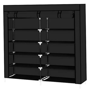 Vasitelan 7 Tier Shoe Rack Storage Organizer, Portable Double Row Shoe Rack Shelf Cabinet Tower for Closet with Nonwoven Fabric Cover (Black)